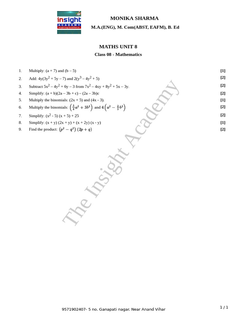 Class 8 Maths Unit 8 Exercises | PDF