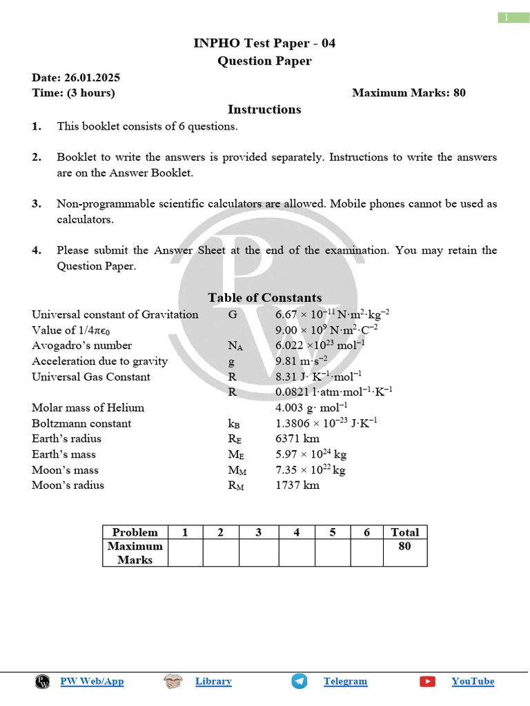 INPHO 2025 Test Paper Instructions | PDF | Temperature | Magnetic Field