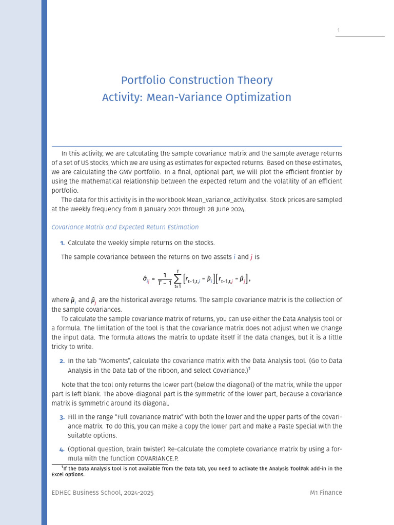 Activity MV Optimization | PDF | Covariance | Modern Portfolio Theory