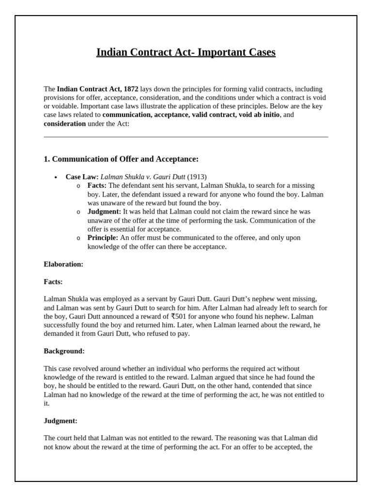 Indian Contract Act: Key Case Laws | PDF | Offer And Acceptance ...