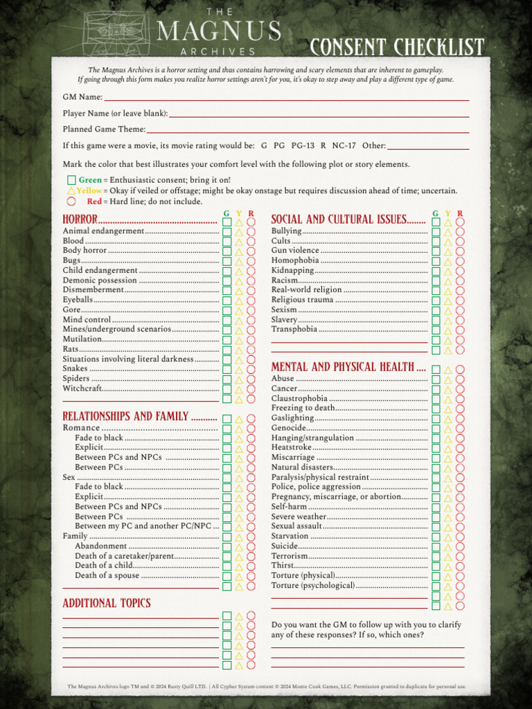 The Magnus Archives Consent Checklist-2024-10-23 | PDF | Violence | Aggression