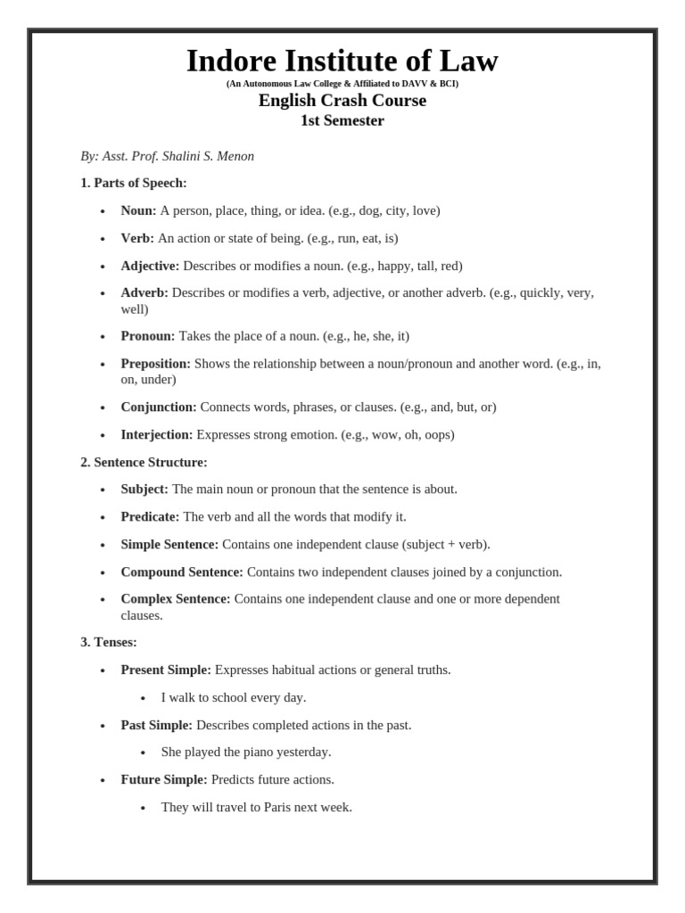 English Crash Course - Semester 1 | PDF | Verb | Grammatical Number