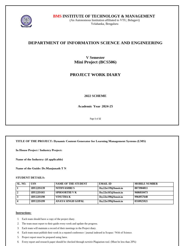 V Semester Mini Project Diary 2024-25 (2022 Scheme) | PDF | Methodology | Evaluation