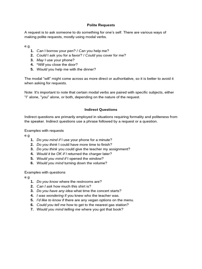 Polite Request and Indirect Questions | PDF | Grammar | Communication
