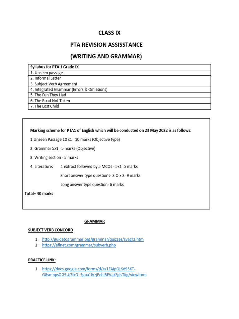 PTA ASSISTANCE CONTENT writing and grammar | PDF