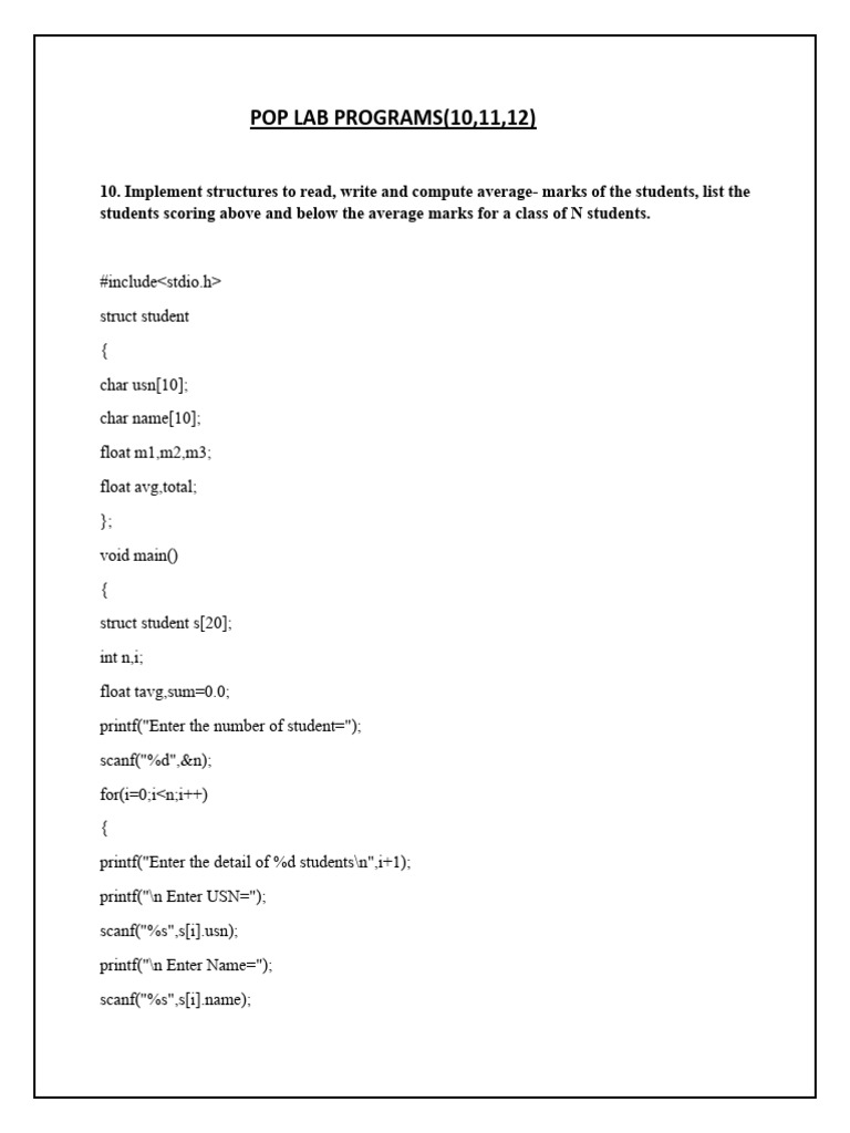 POP LAB PROGRAMS(10,11,12) | PDF