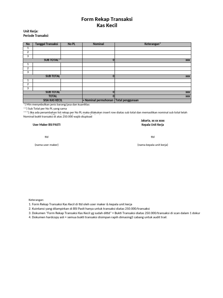 Format Form Rekap Transaksi - Lampiran PTO Petty Cash | PDF