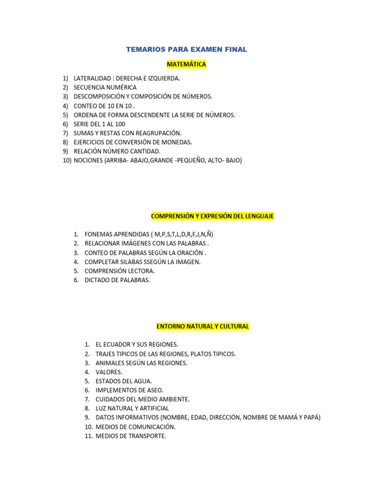 Temarios Examen Final: Matemáticas y Lenguaje | PDF