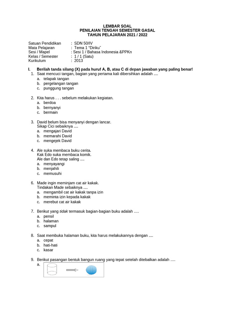 Soal & Jawaban PTS Kelas 1 Tema 1 Semester 1 Tahun 2021 | PDF