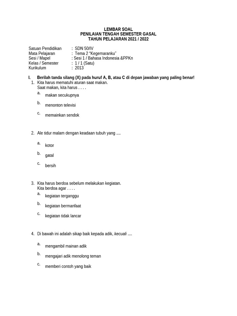 Soal & Jawaban PTS Kelas 1 Tema 2 Semester 1 Tahun 2021 Sinau-Thewe.com | PDF