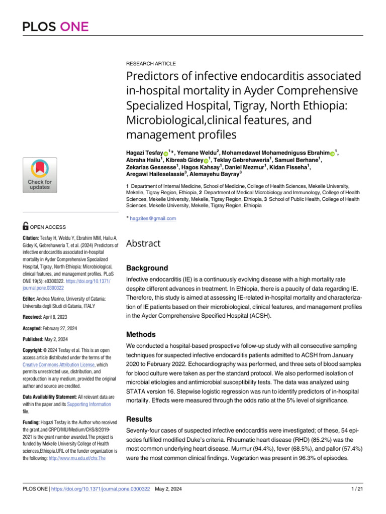 Predictors of Infective Endocarditis Associated In-Hospital Mortality in Ayder Comprehensive ...