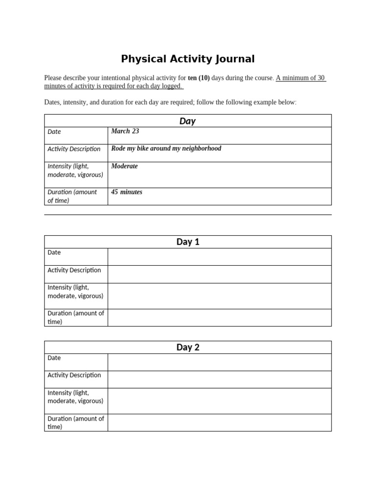 10-Day Physical Activity Log | PDF