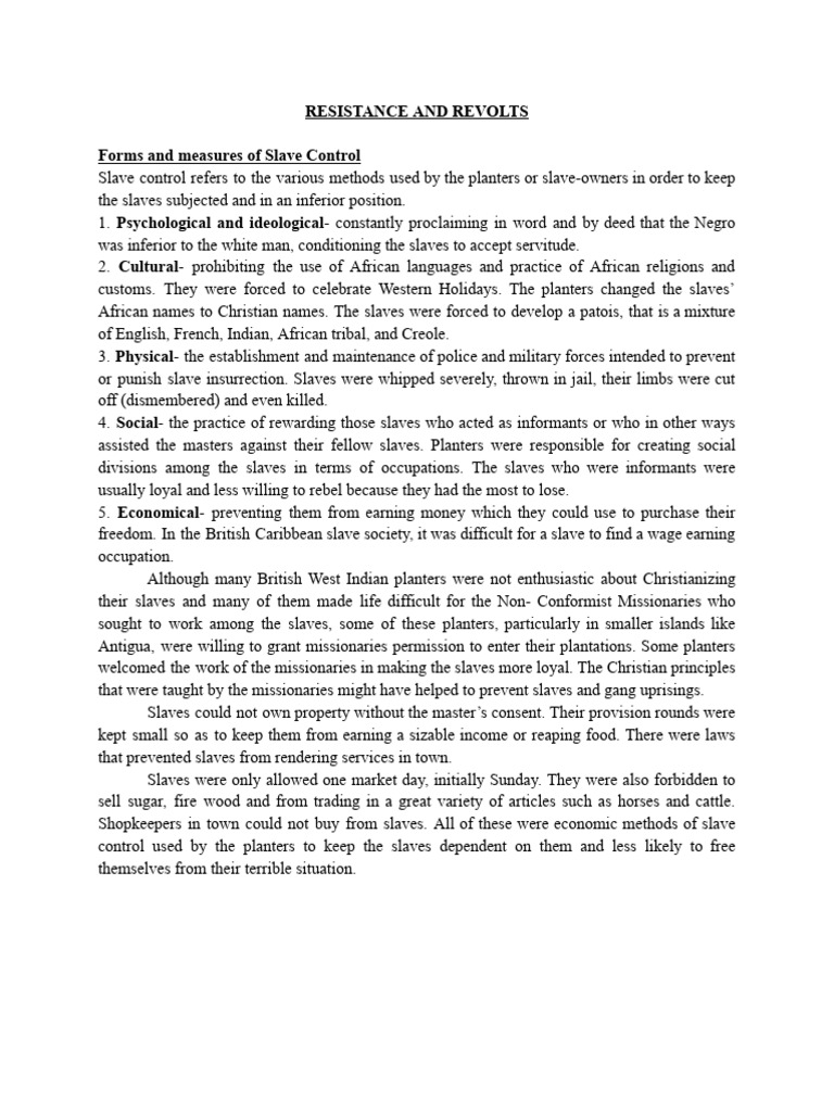 RESISTANCE AND REVOLTS Handout | PDF | Slavery