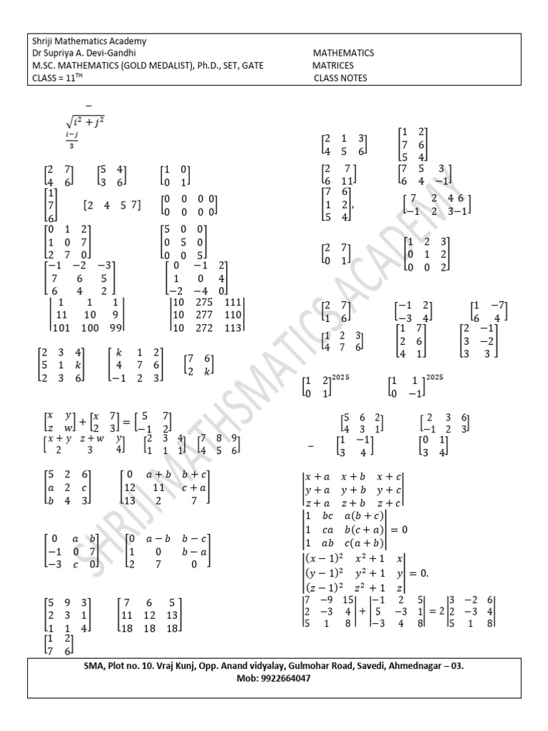Matrices Std 11 Notes | PDF | Algebra | Mathematics