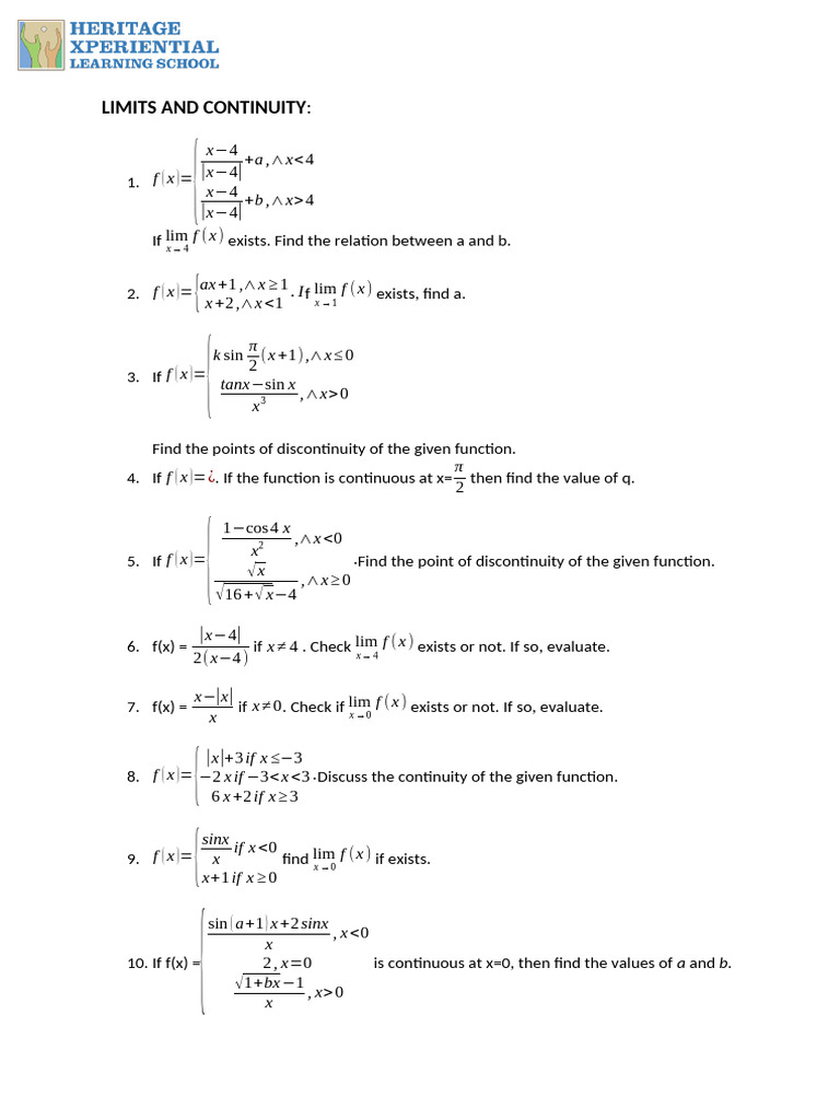 Worksheet On Continuity | PDF