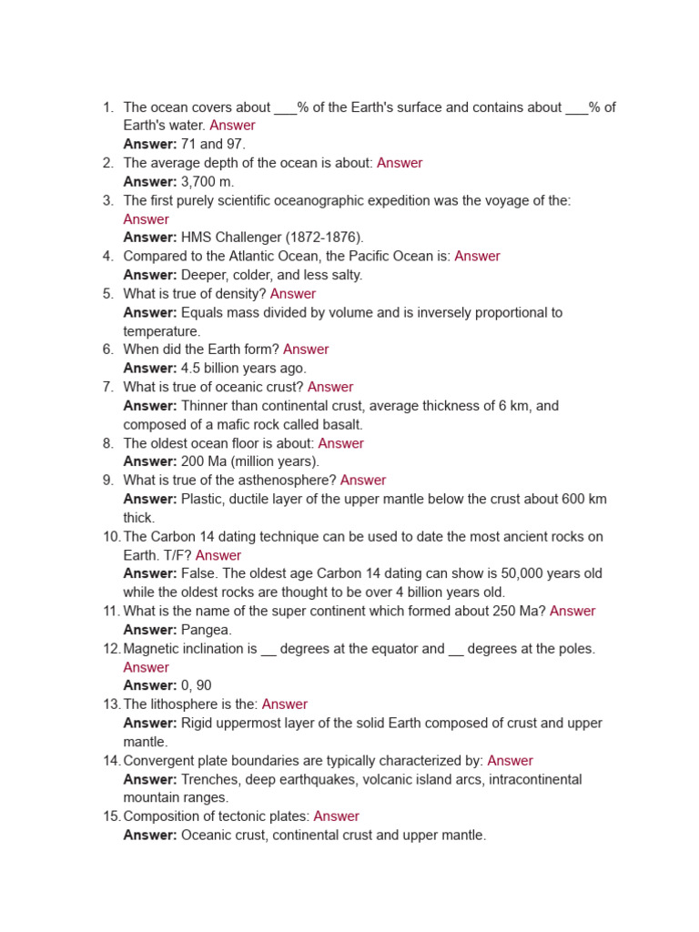 Ocean Science Quiz Answers | PDF | Oceans | Water