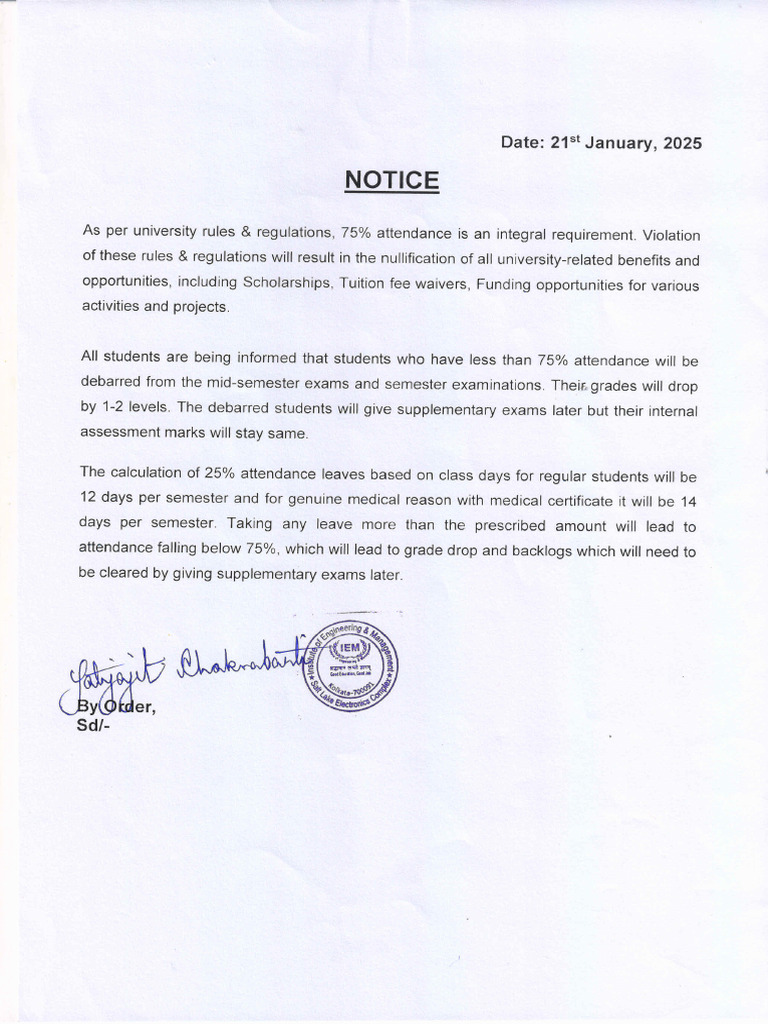 Notice - Student Attendance - 21.01.2025 | PDF