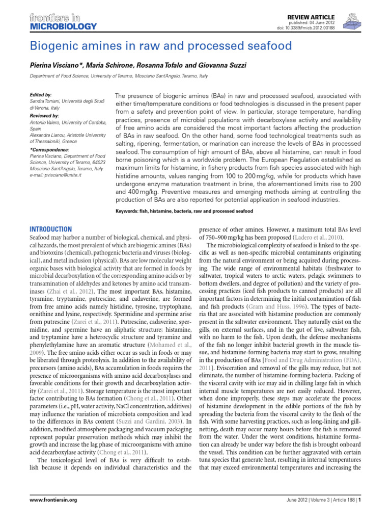 Biogenic Amines in Raw and Processed Seafood | PDF