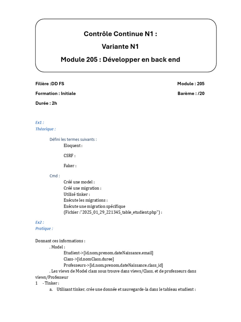 Contrôle Continu N1 : Développement Back-End | PDF