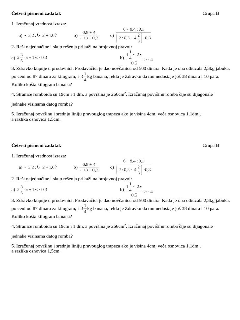 B Cetvrti Pismeni Zadatak Sesti Razred | PDF