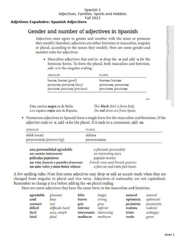 Spanish Adjectives Practice Guide | PDF | Language Mechanics ...