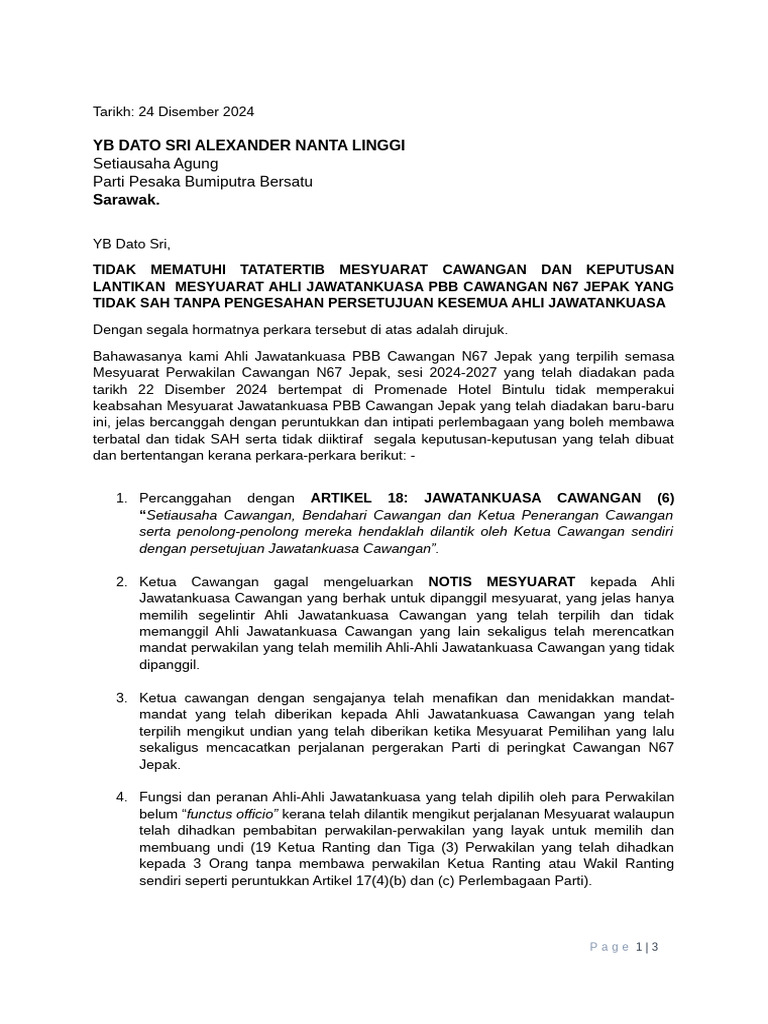 Surat Bantahan Mesyuarat Ajk Jepak | PDF