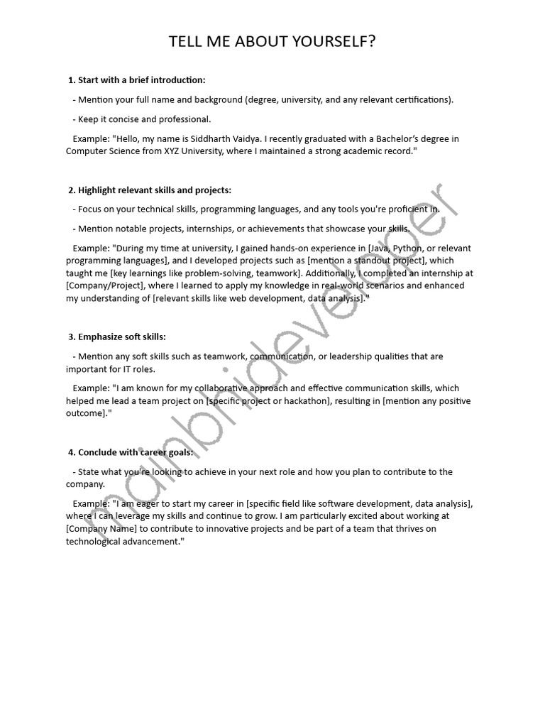 Tell Me About Yourself Format | PDF | Computer Programming | Skill