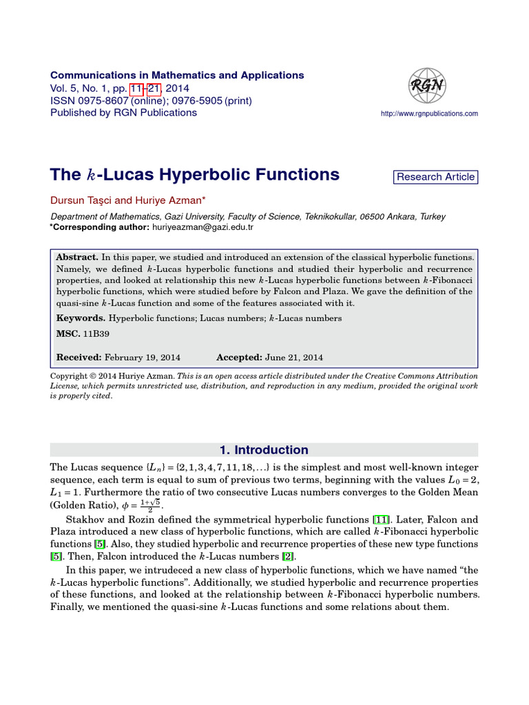 k-Lucas Hyperbolic Functions Explained | PDF | Function (Mathematics ...