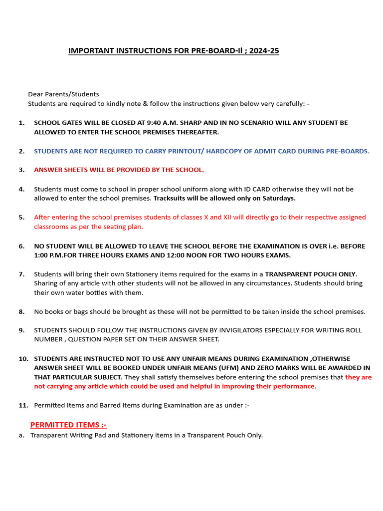 Instructions For Pre-Boards-Ii - 2024-25 | PDF