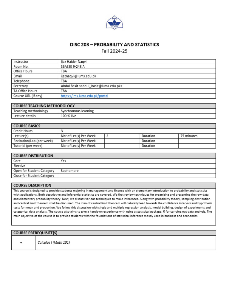 DISC 203 - Probability and Statistics - Section 1-3 Ijaz Naqvi | PDF ...