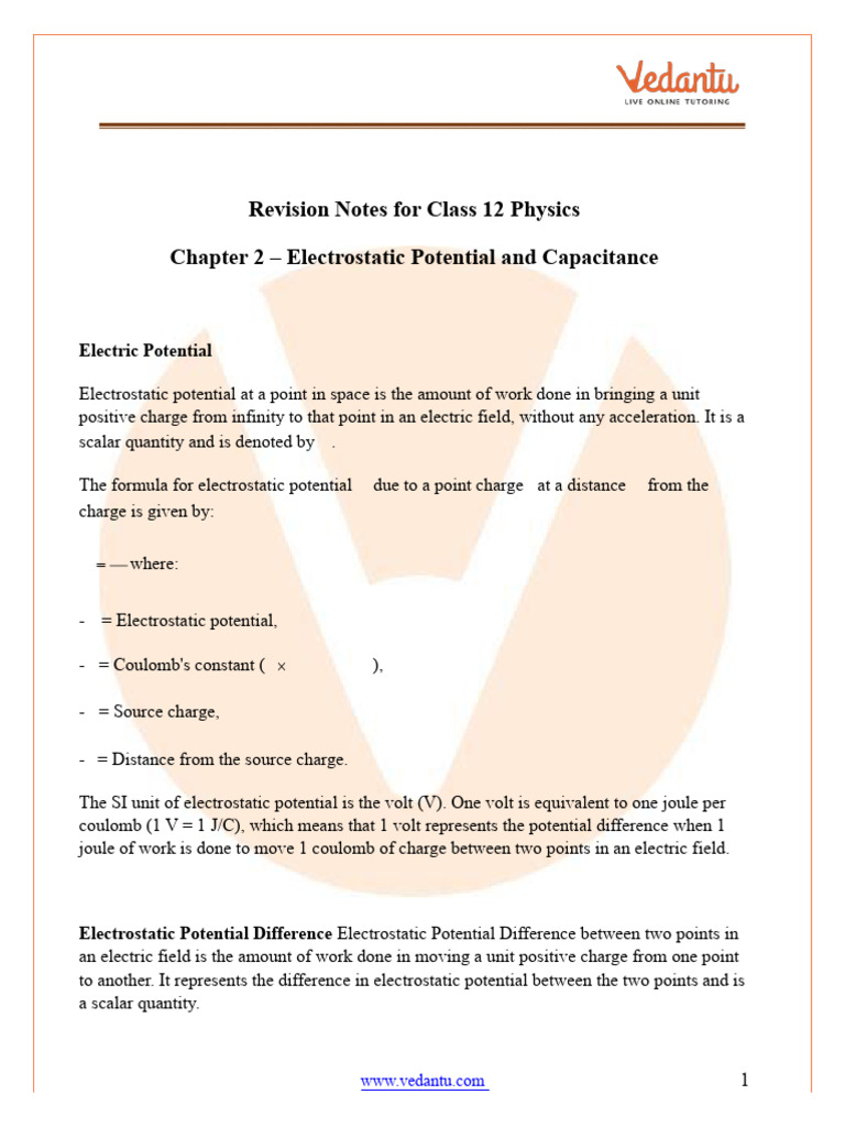 Physics Class 12 Chapter 2 Electrostatic Potential and Capacitance ...