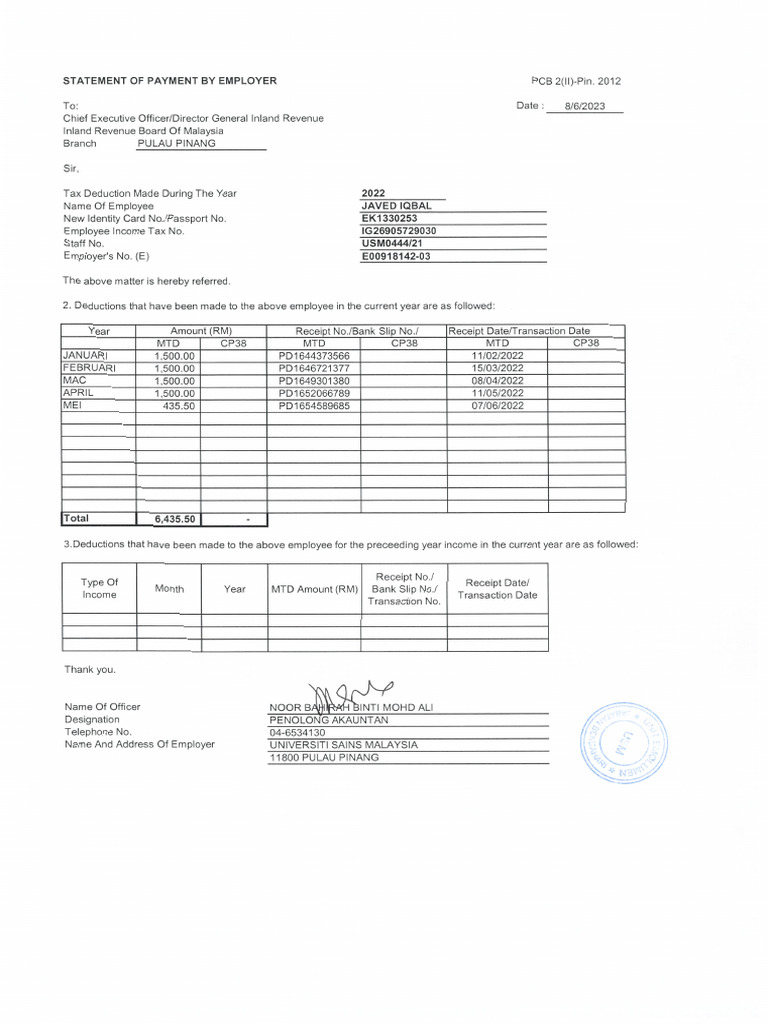 USM Employee Tax Deduction Statement | PDF | Receipt | Business
