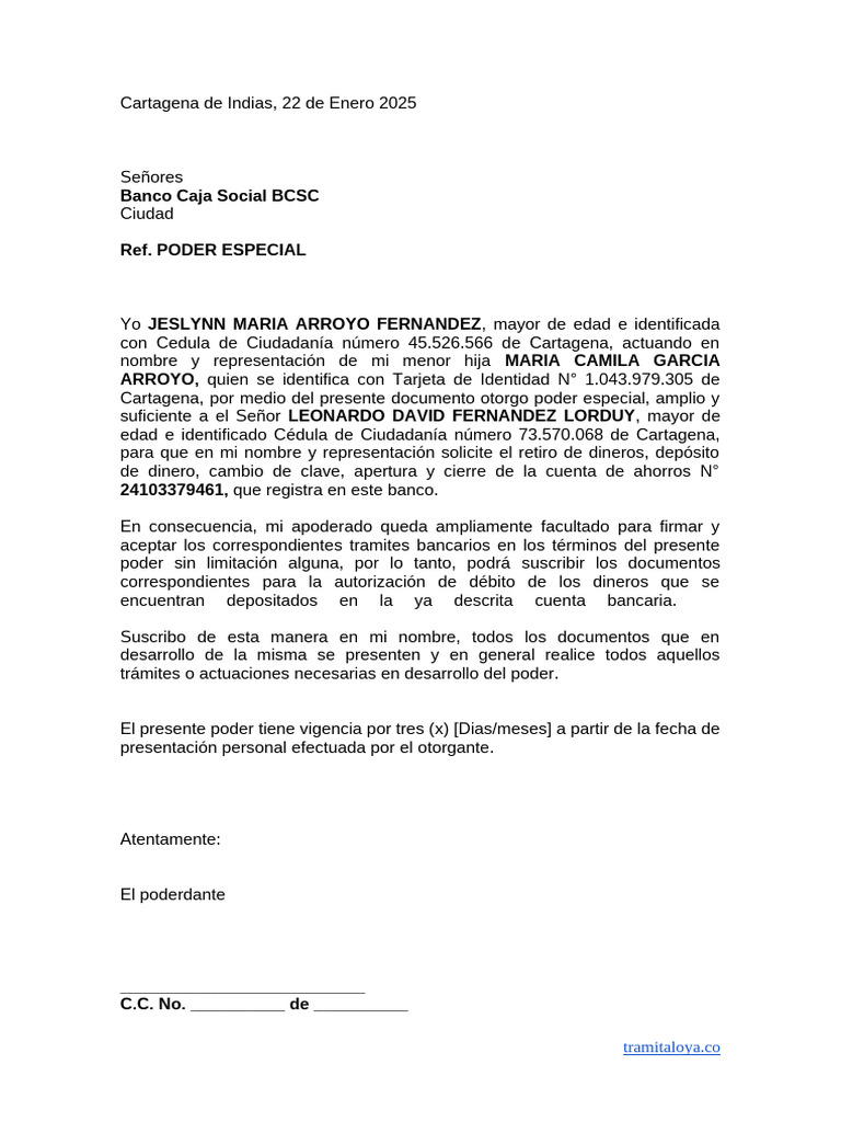 Modelo de Poder Especial para Bancos Colombia | PDF