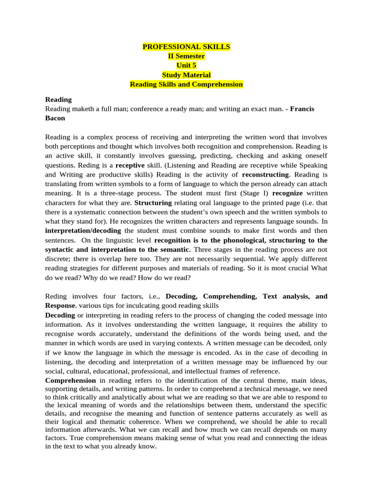 Notes Unit 5 Professional Skills | PDF | Reading Comprehension | Speed ...