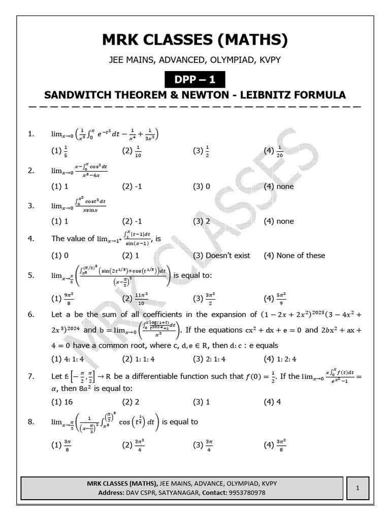 Newton-Leibniz Formula in JEE Context | PDF | Discrete Mathematics ...