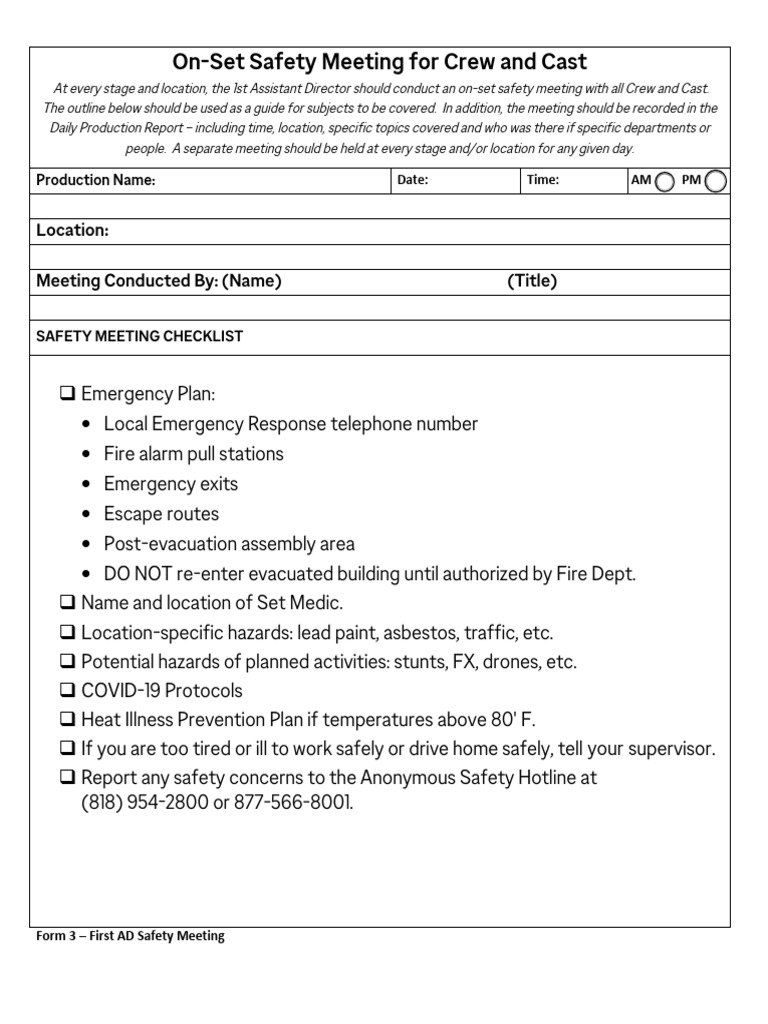 Form 3 - First A.D. Safety Meeting | PDF