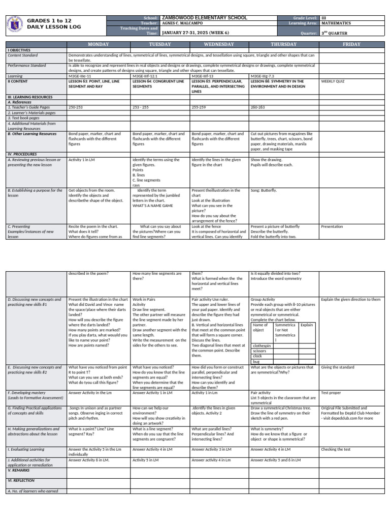 Grade 3 Math Daily Lesson Plan | PDF | Symmetry | Euclidean Geometry