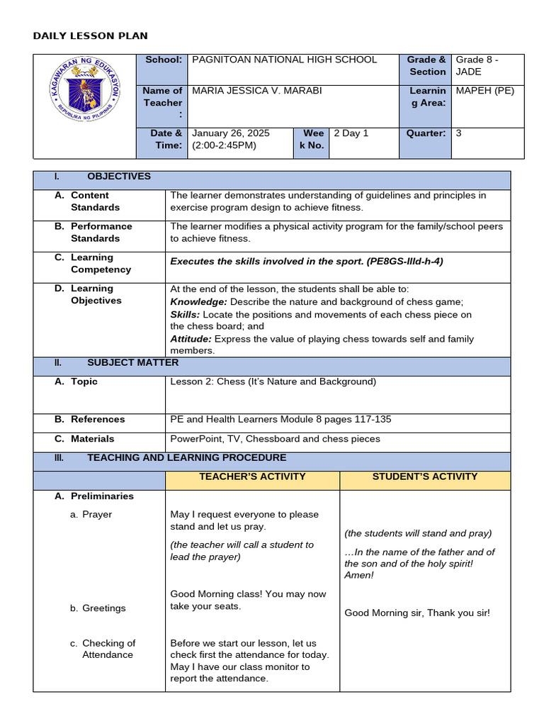 Grade 8 MAPEH Lesson Plan: Chess | PDF | Chess | Learning