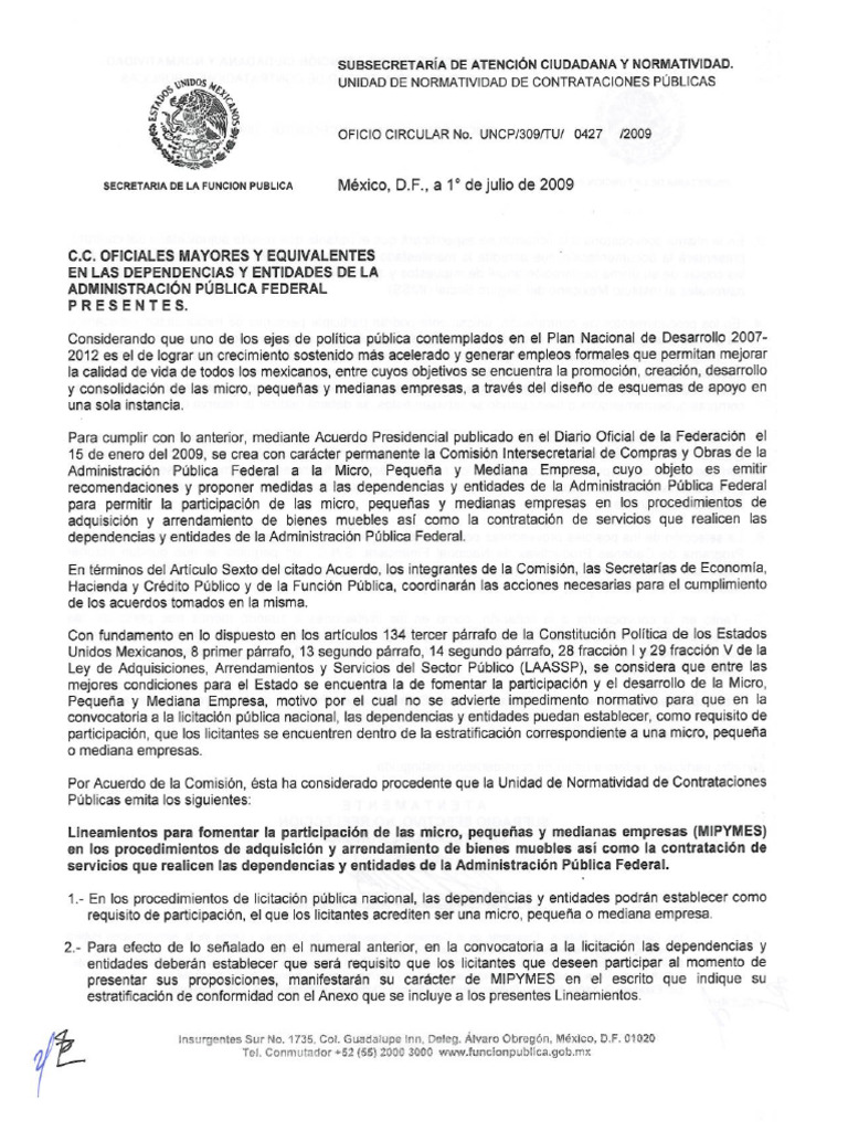 Lineamientos para Fomenter MIPYMES en las adquisiciones con recursos federales (oficio_0427) | PDF