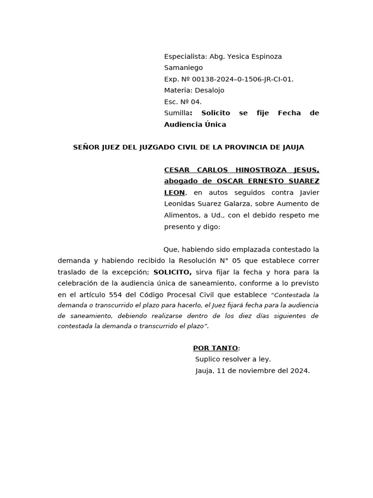 SOLICITO SE FIJE FECHA DE AUDIENCIA | PDF