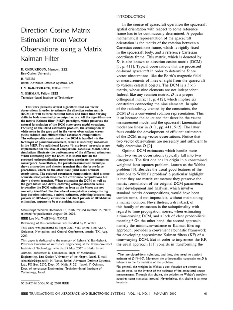 Direction Cosine Matrix Estimation From Vector Observations Using a Matrix Kalman Filter-LUK ...