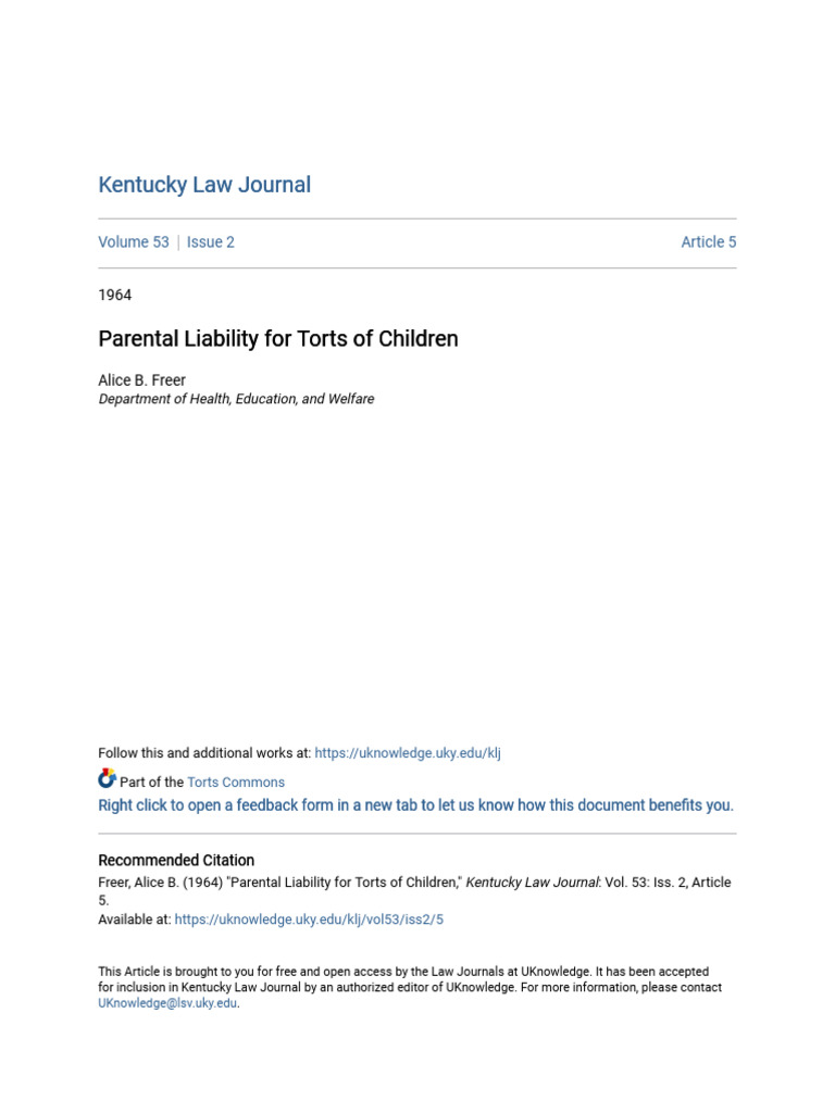 Parental Liability For Torts of Children | PDF | Tort | Legal Liability