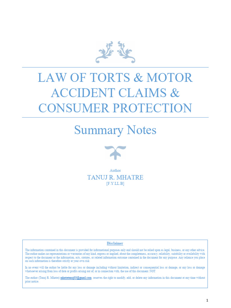 Torts Summary Notes | PDF | Damages | Tort