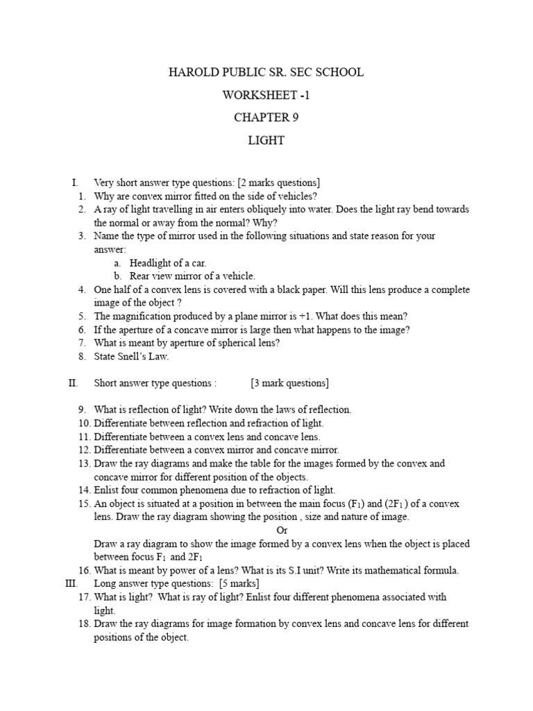 CLASS X Science Worksheet -1 | PDF | Optics | Light