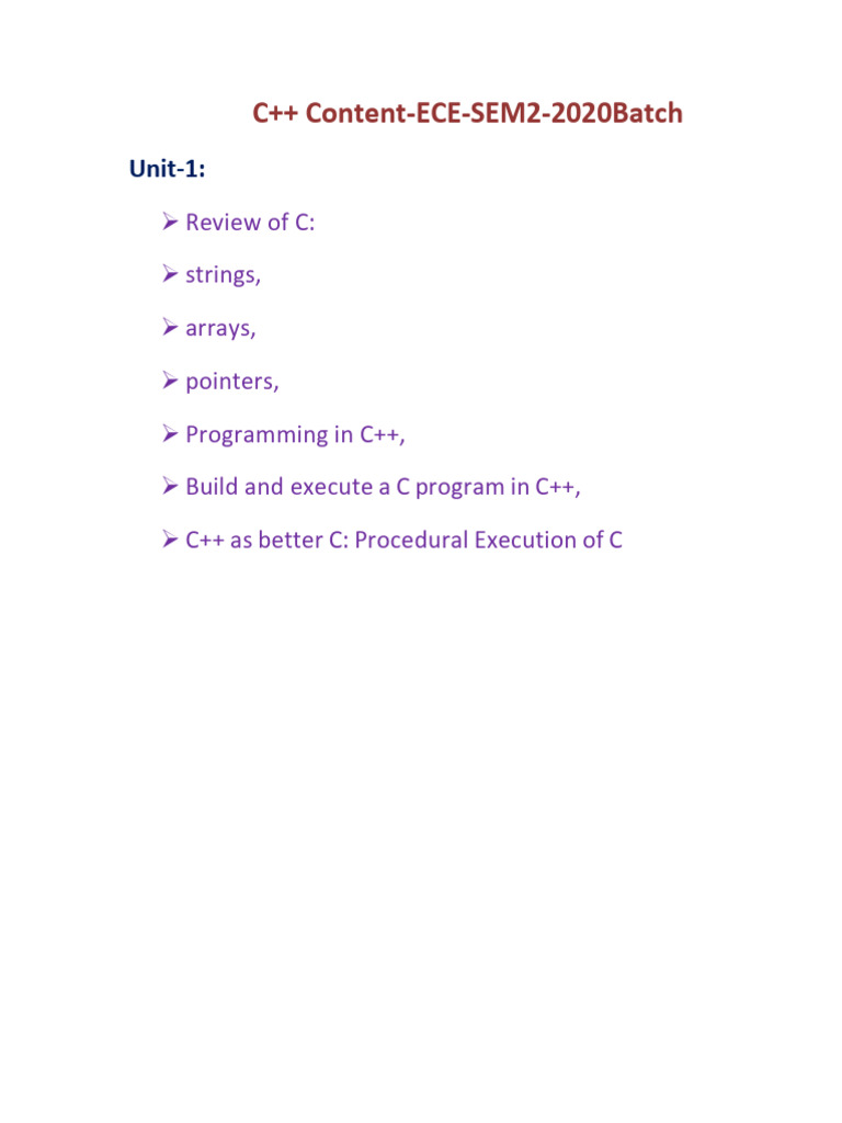 Unit-1 C++-ECE-SEM2-2020 | PDF | C++ | Object Oriented Programming