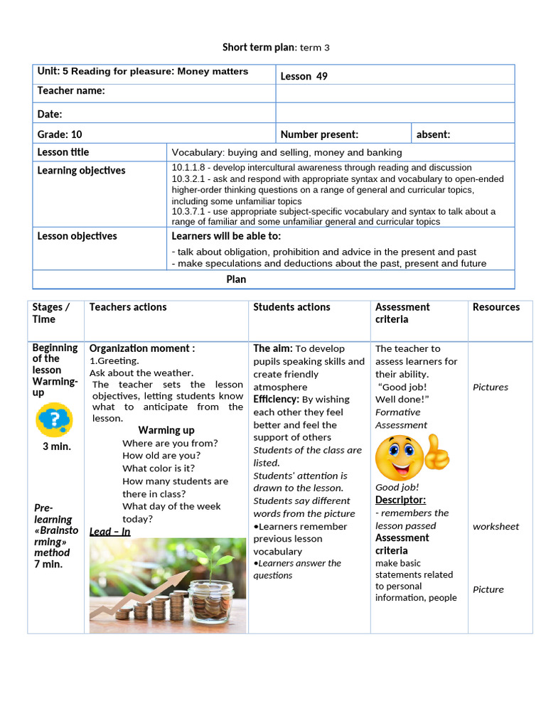 Grade 10 Money Matters Lesson Plan | PDF | Curriculum | Vocabulary