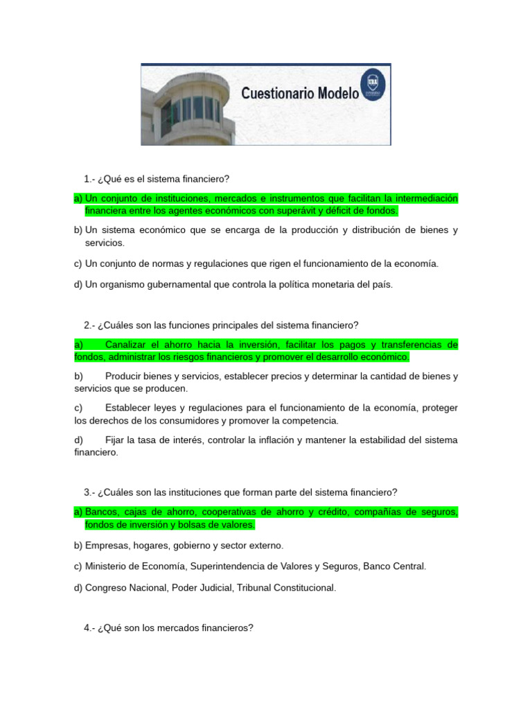 Cuestionario Modelo_Inst. Financieras - (1) | PDF | Sistema financiero ...