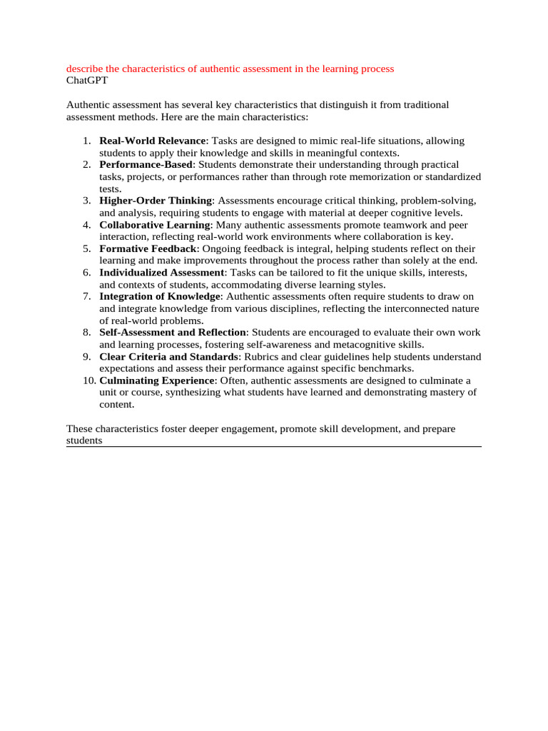 Characteristics Of Authentic Assessment In Learning Pdf