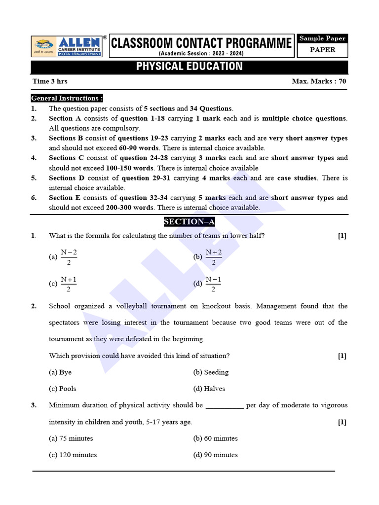 ALLEN-Sample-Paper-Physical-Education-Paper | PDF | Tournament | Force