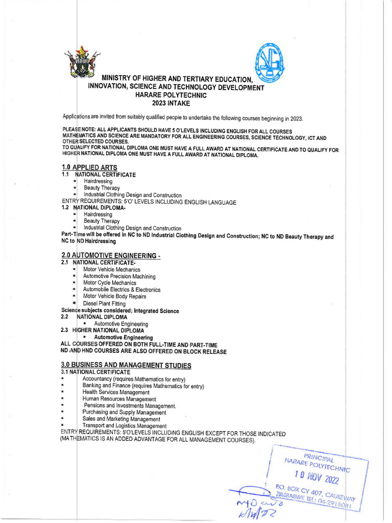 Harare Polytechnic 2023 Course Intake | PDF | Diploma | Engineering